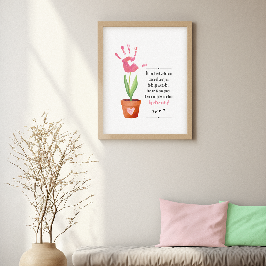 Printbare Moederdag 2026 handafdruk knutsel DIY cadeau met lief gedich ...