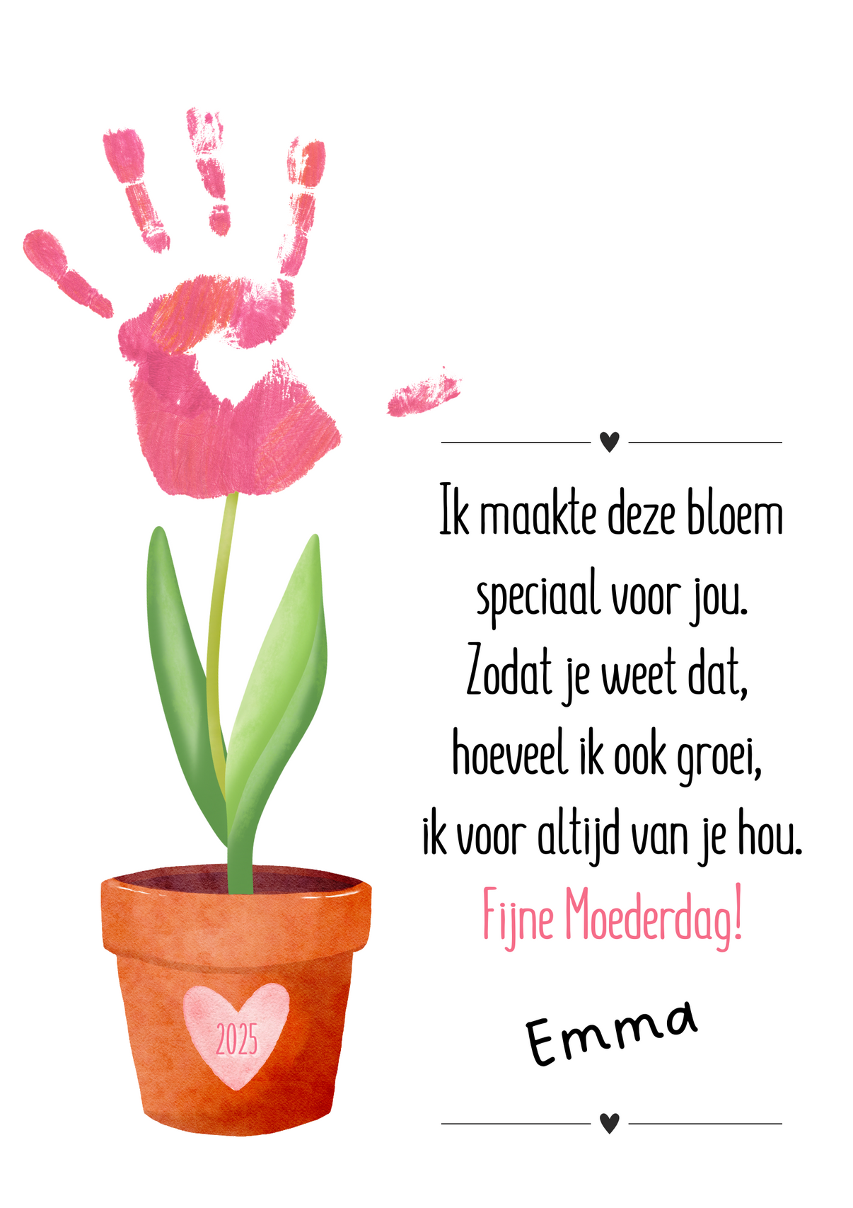 Printbare Moederdag 2026 handafdruk knutsel DIY cadeau met lief gedich ...